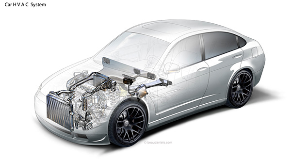 Technical illustration, Beau and Alan Daniels. - Generic cutaway car.